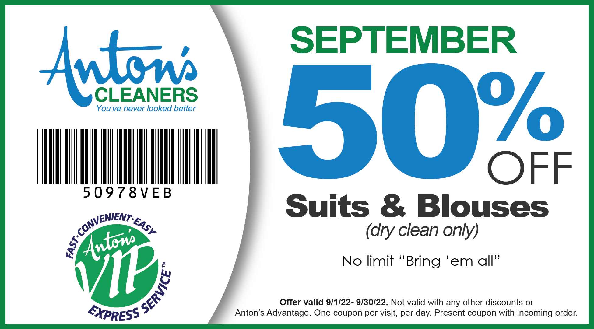 SEPTEMBER 2022 VIP COUPON - Anton's Cleaners : Anton's Cleaners